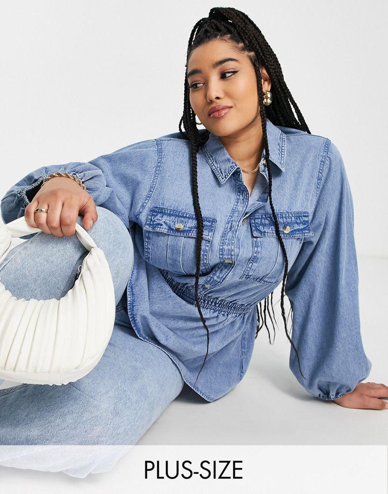 River Island Plus女款蓝色翻领衬衫|chambray utility shirt in blue 价格¥208 | 别样海外购